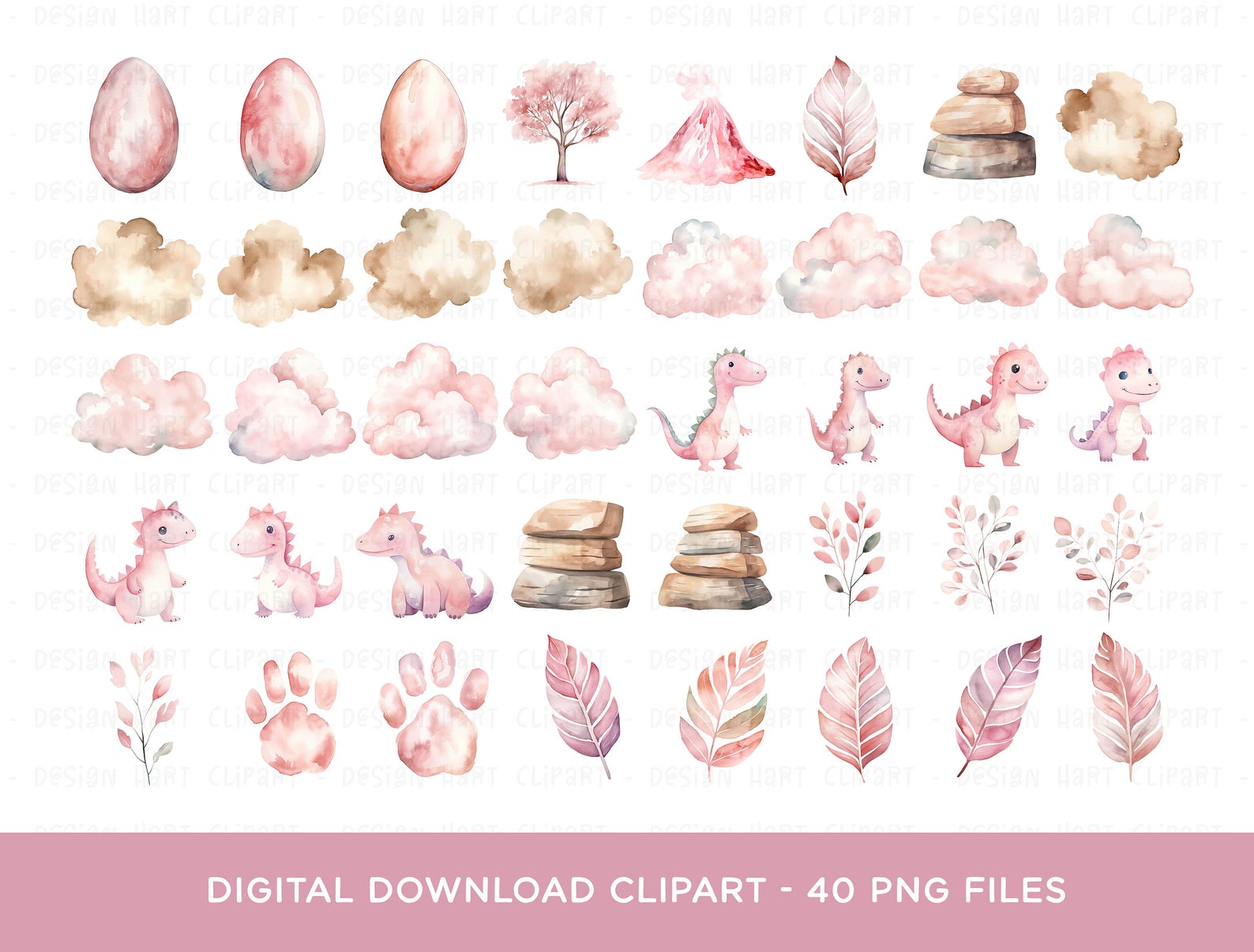 Dinosaur Clipart Bundle, Watercolor Girls Pink T-rex Prehistoric Dino ...