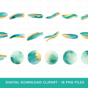 Brush Stroke Clipart Bundle - Watercolor Turquoise & Gold Foil Smudge ...