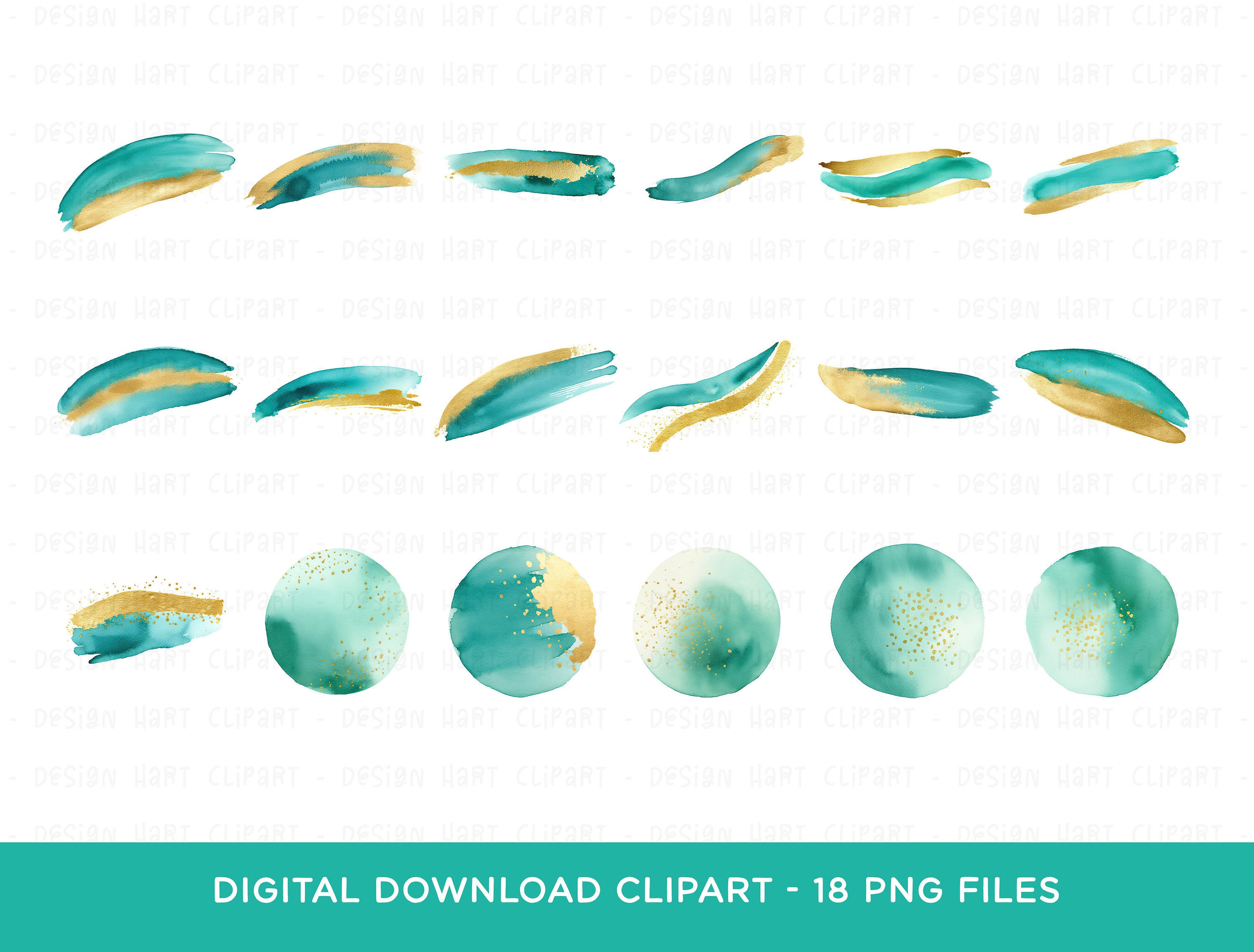 Brush Stroke Clipart Bundle Watercolor Turquoise & Gold Foil Smudge ...