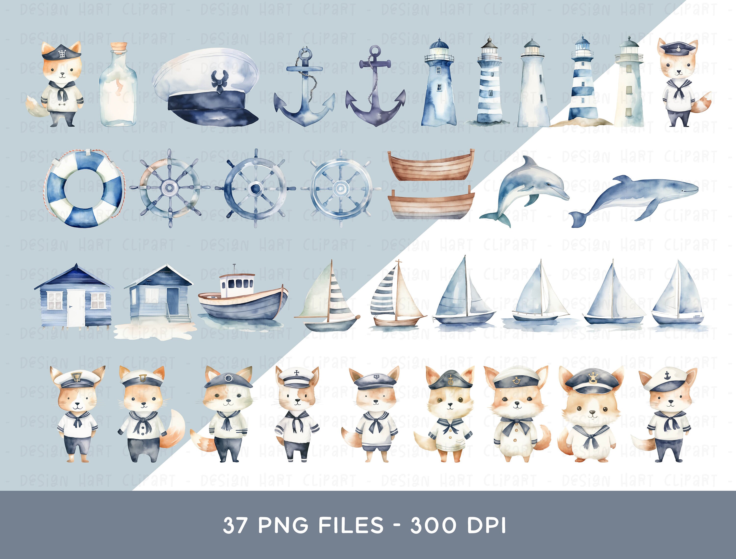 Sailor Fox Clipart Bundle, Watercolor Captain Lighthouse Anchor Boat ...
