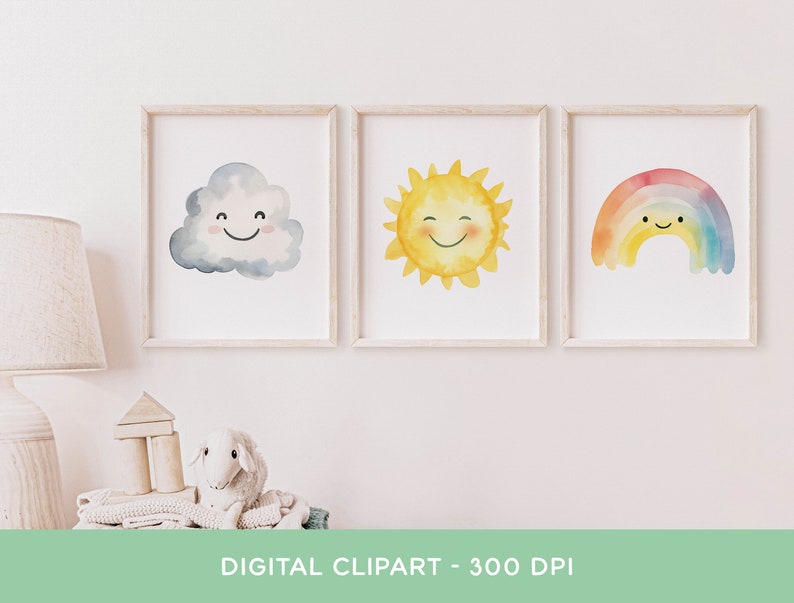 Weather Clipart Bundle, Watercolor Sun Cloud Rainbow Umbrella Moon Rain ...