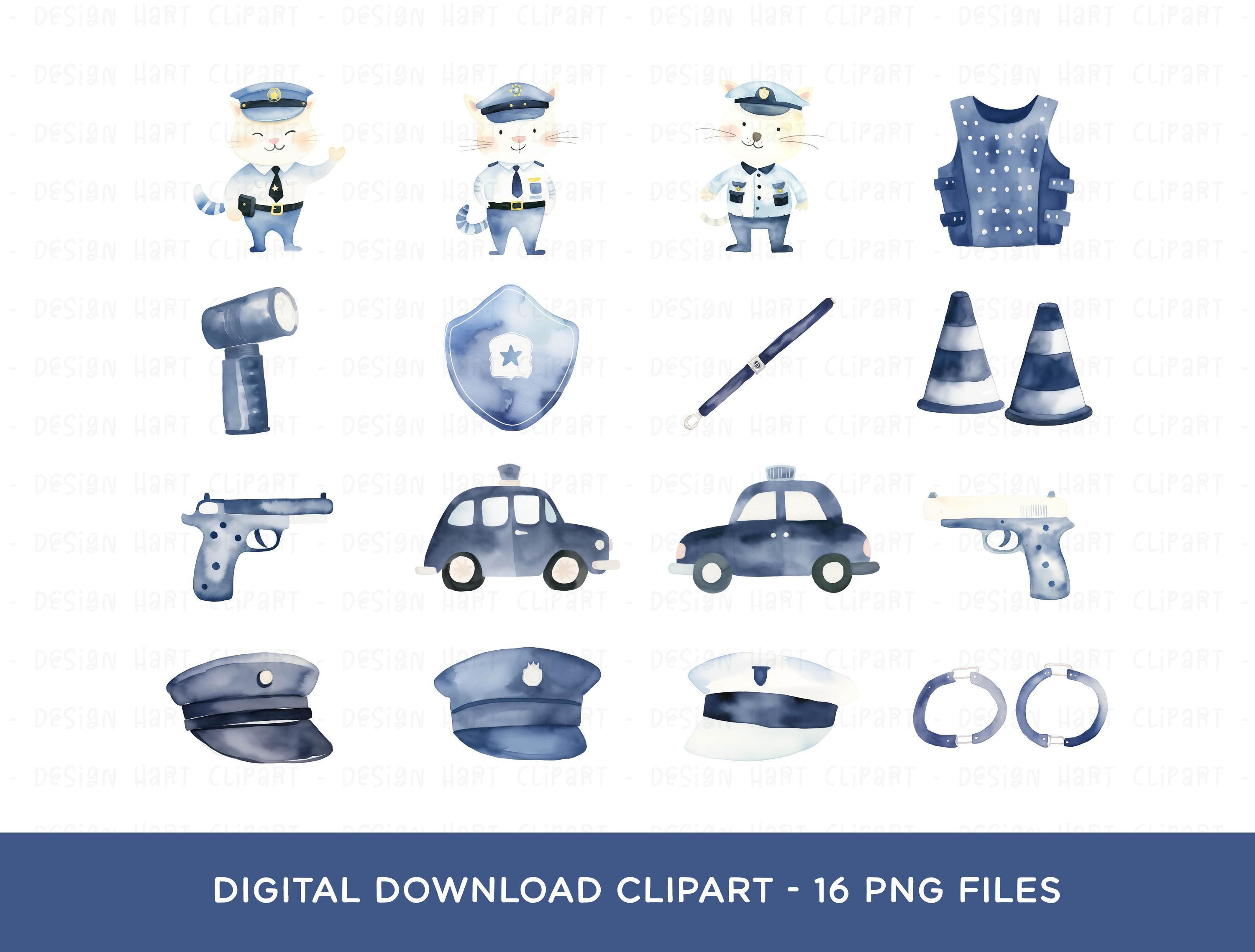 Police Cat Clipart Bundle, Watercolor Kitty Policeman Car Gun Handcuffs ...