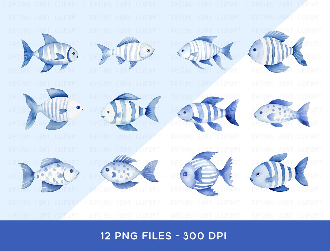 Blue Fish Clipart Bundle Watercolor Ocean Under the Sea Beach Clip Art ...