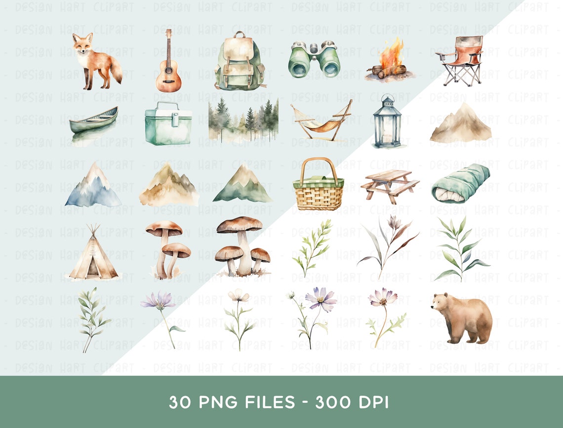 Camping Clipart Bundle, Adventure Watercolor Camper Tent Forest Animal ...