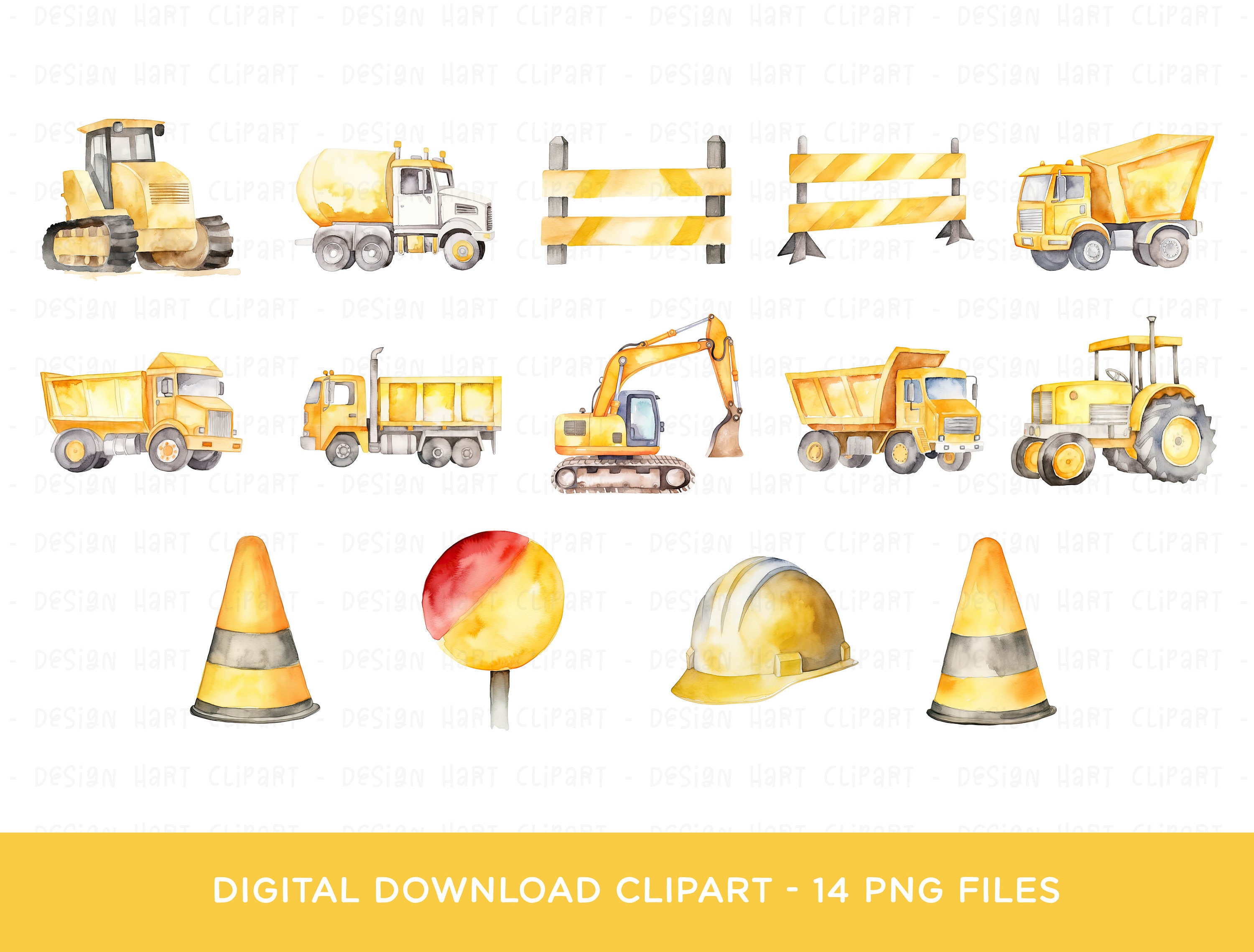 Construction Clipart Bundle, Vehicles Watercolor Digger Excavator Dump ...