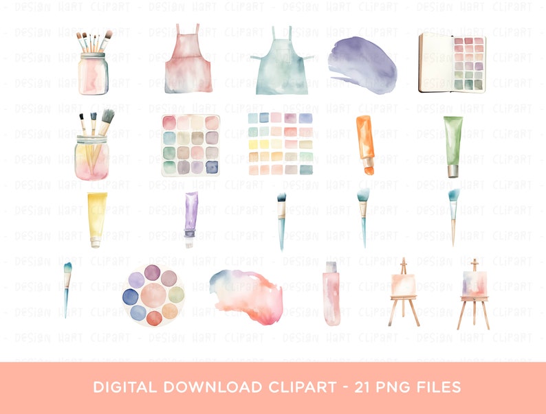 Artist Clipart Bundle - Watercolor Art Class Paintbrush Easel Canvas ...