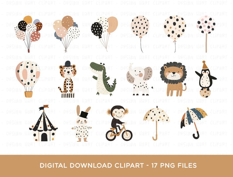 Carnival Clipart Bundle, Watercolor Circus Animals Lion Monkey Elephant ...