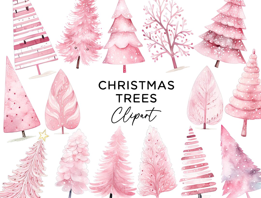 Pink Christmas Tree Clipart Bundle, Pastel Watercolor Xmas Trees PNG ...