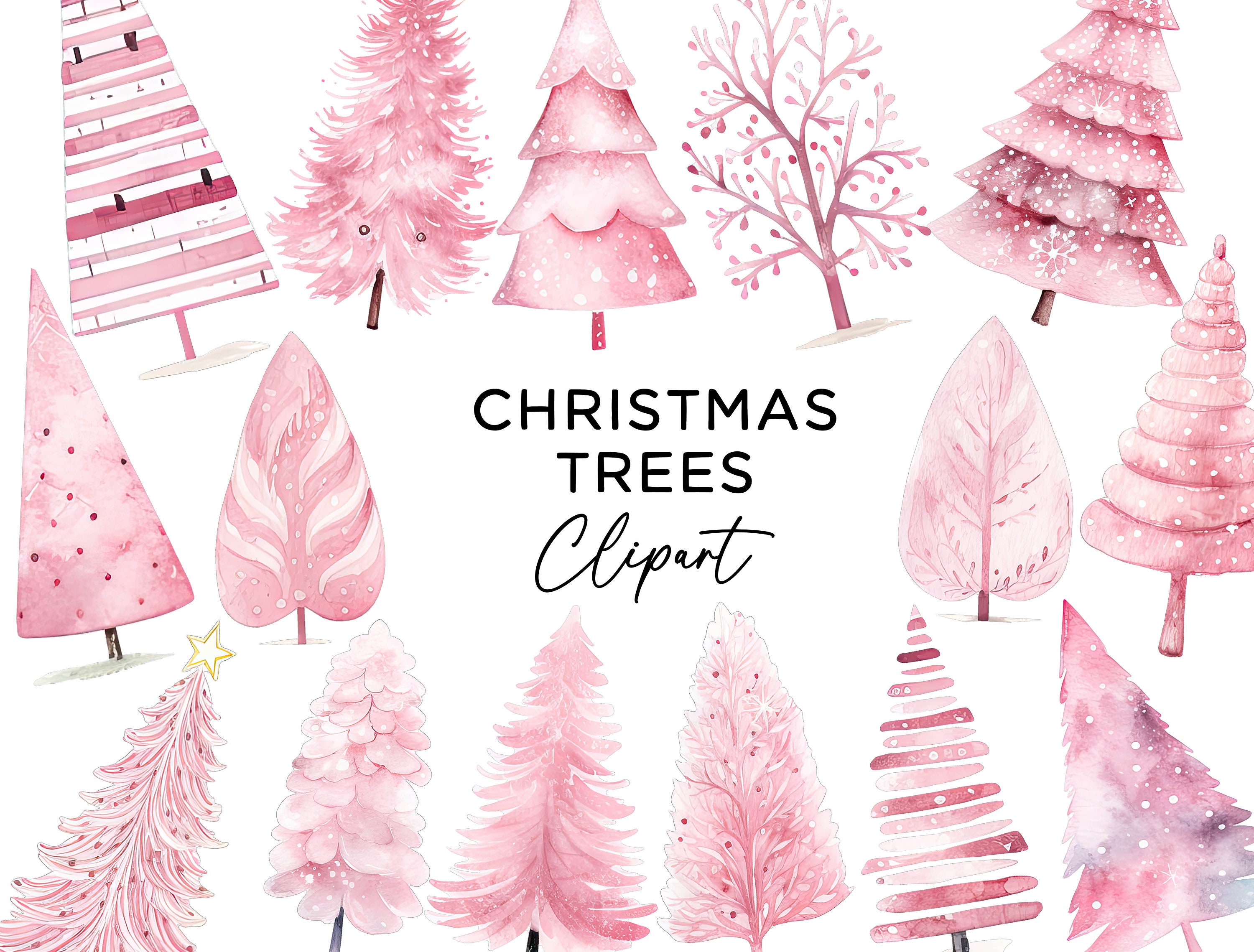 Pink Christmas Tree Clipart Bundle, Pastel Watercolor Xmas Trees PNG ...
