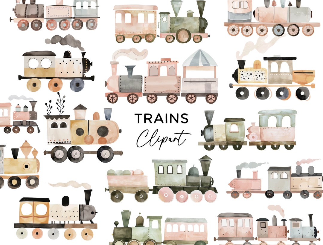 Train Clipart Bundle, Watercolor Pastel Boho Steam Trains, Nordic Style ...