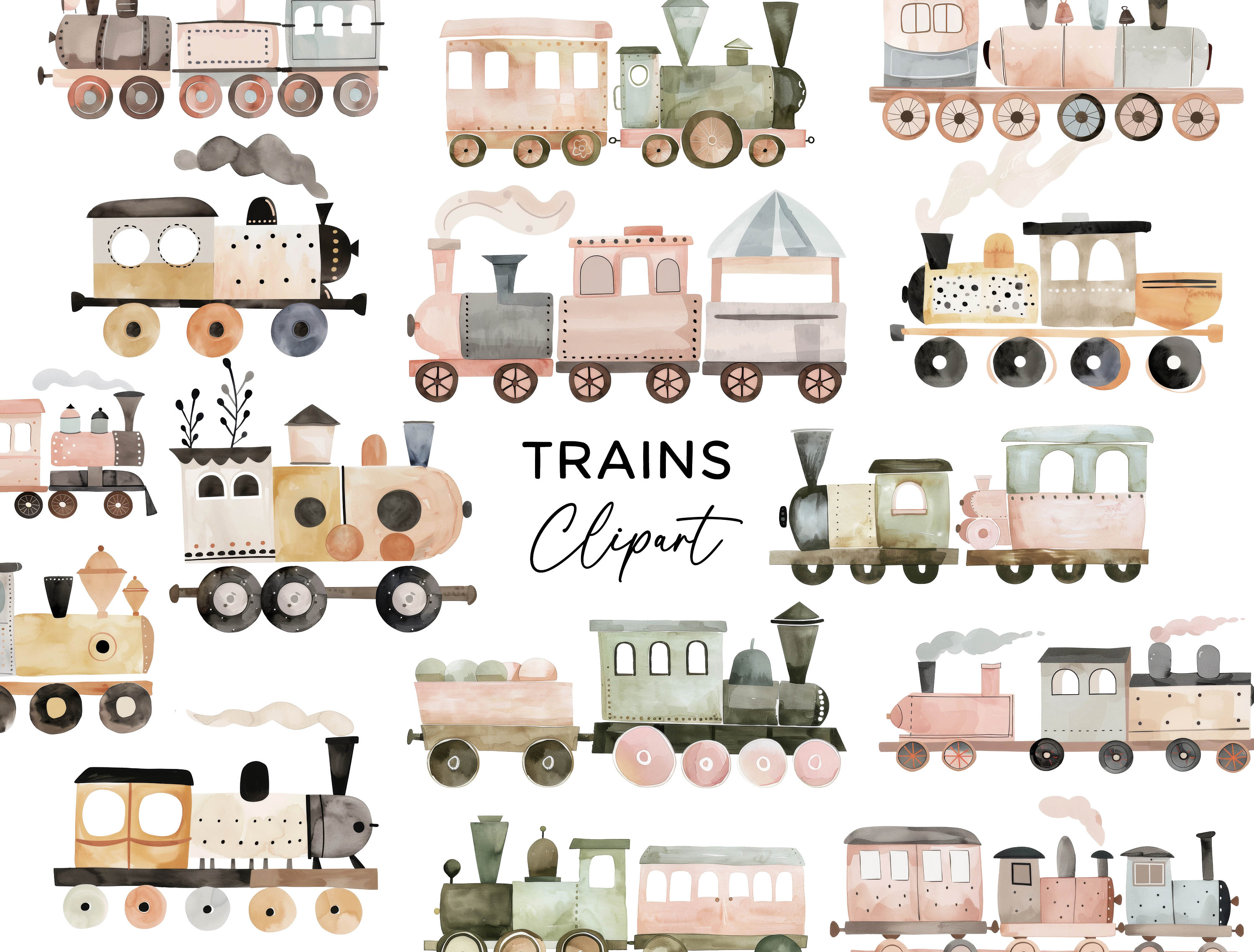Train Clipart Bundle, Watercolor Pastel Boho Steam Trains, Nordic Style ...