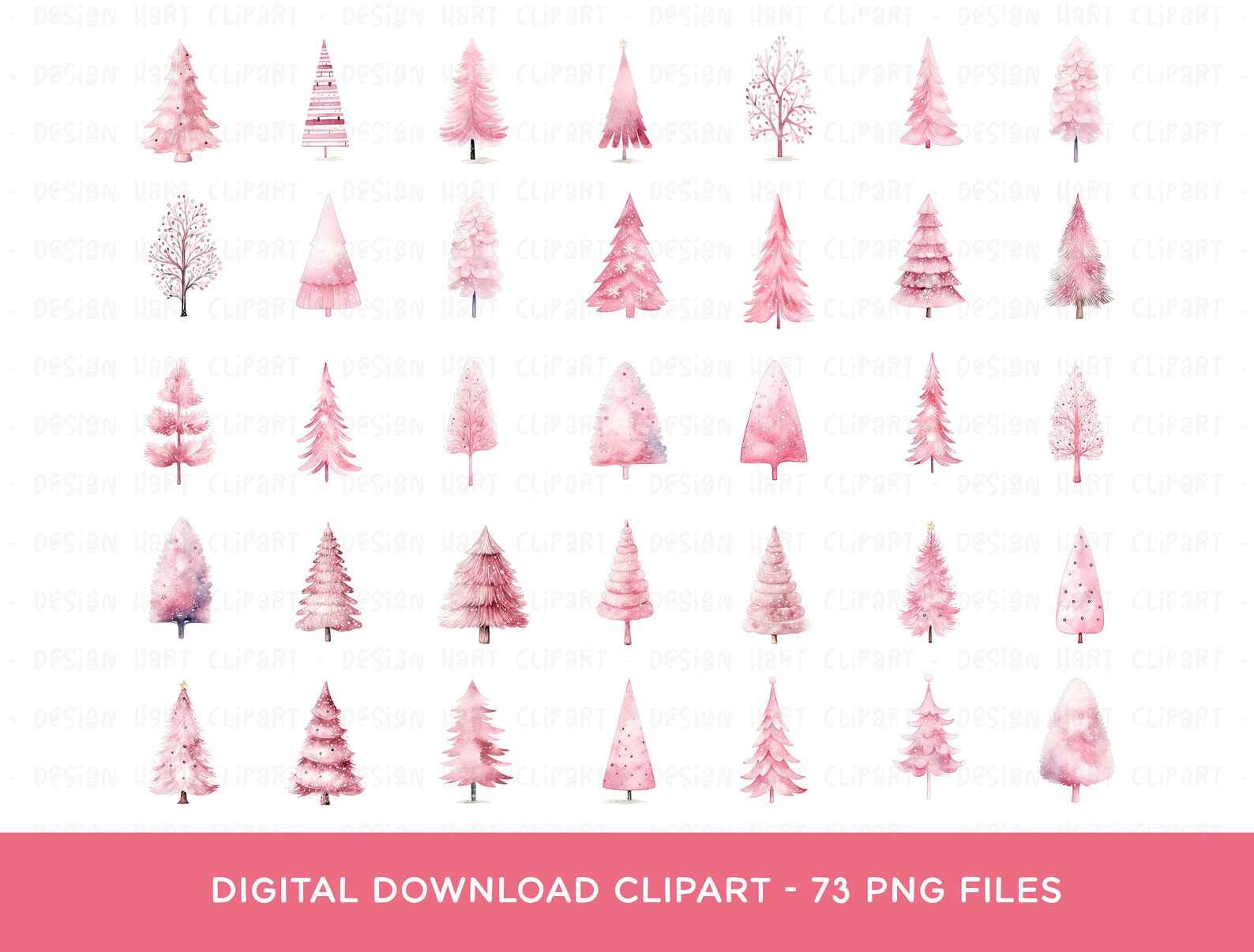 Pink Christmas Tree Clipart Bundle, Pastel Watercolor Xmas Trees PNG ...