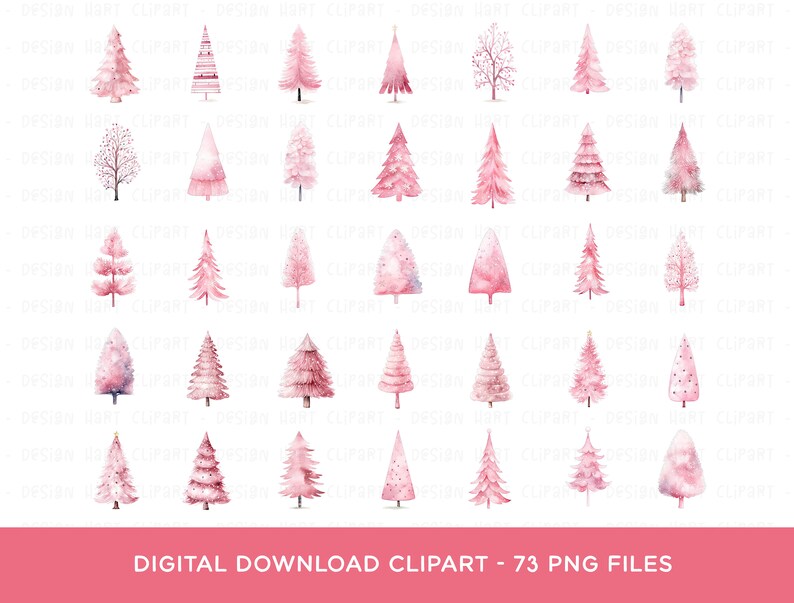 Pink Christmas Tree Clipart Bundle, Pastel Watercolor Xmas Trees PNG ...