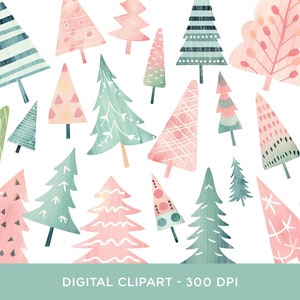 Pastel Christmas Tree Clipart Bundle, Modern Paper Trees in Pink Blue ...