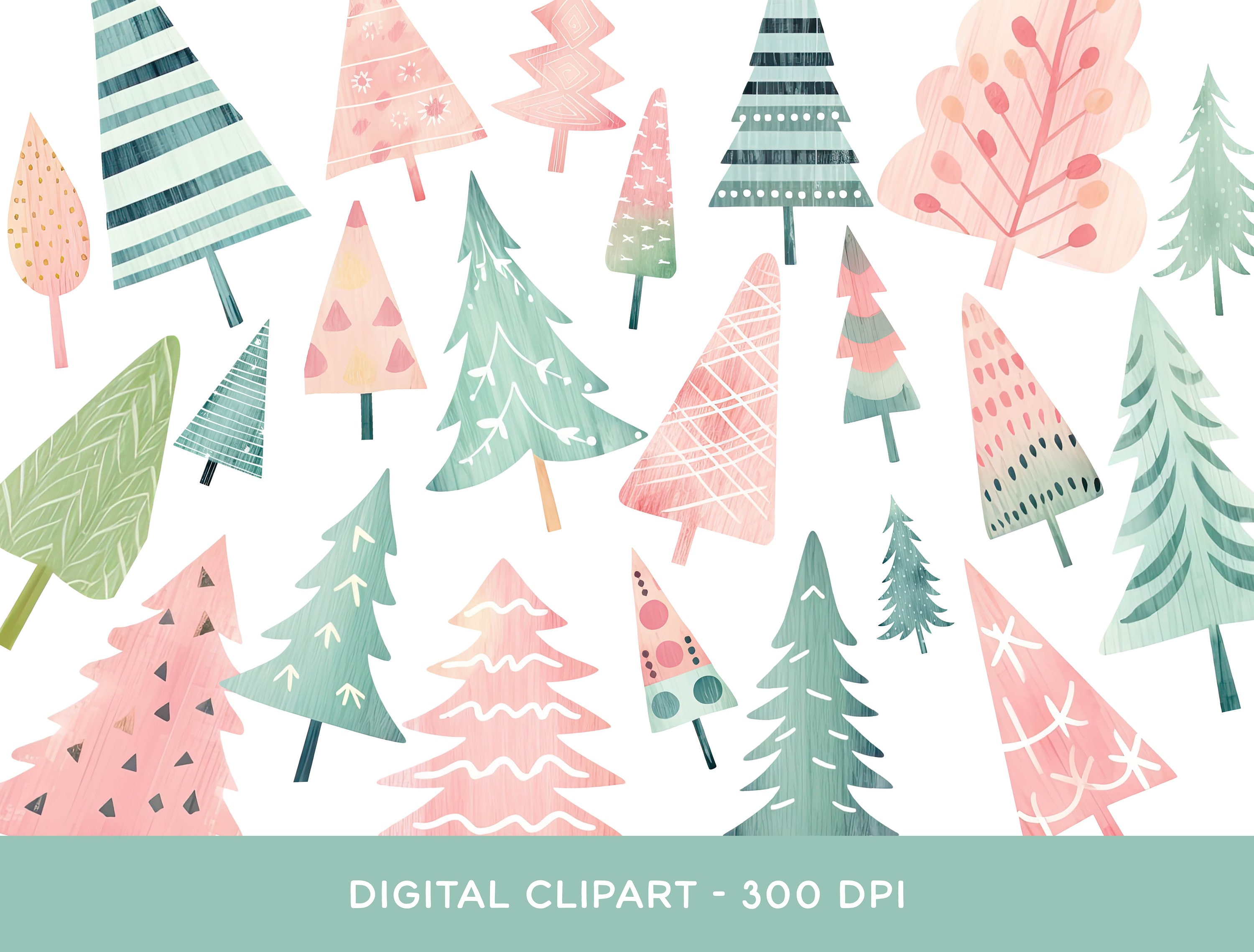 Pastel Christmas Tree Clipart Bundle, Modern Paper Trees in Pink Blue ...