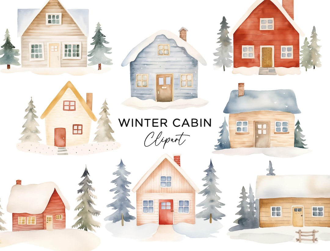 Winter Cabin Clipart Bundle, PNG Graphics Digital Download Watercolor ...