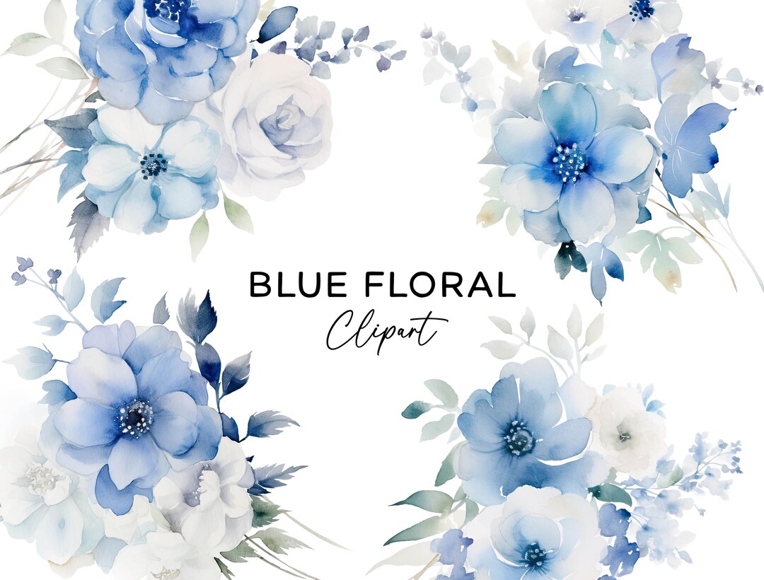 Blue Floral Clipart Bundle, Dusty Blue Botanical Watercolor Flower PNG ...
