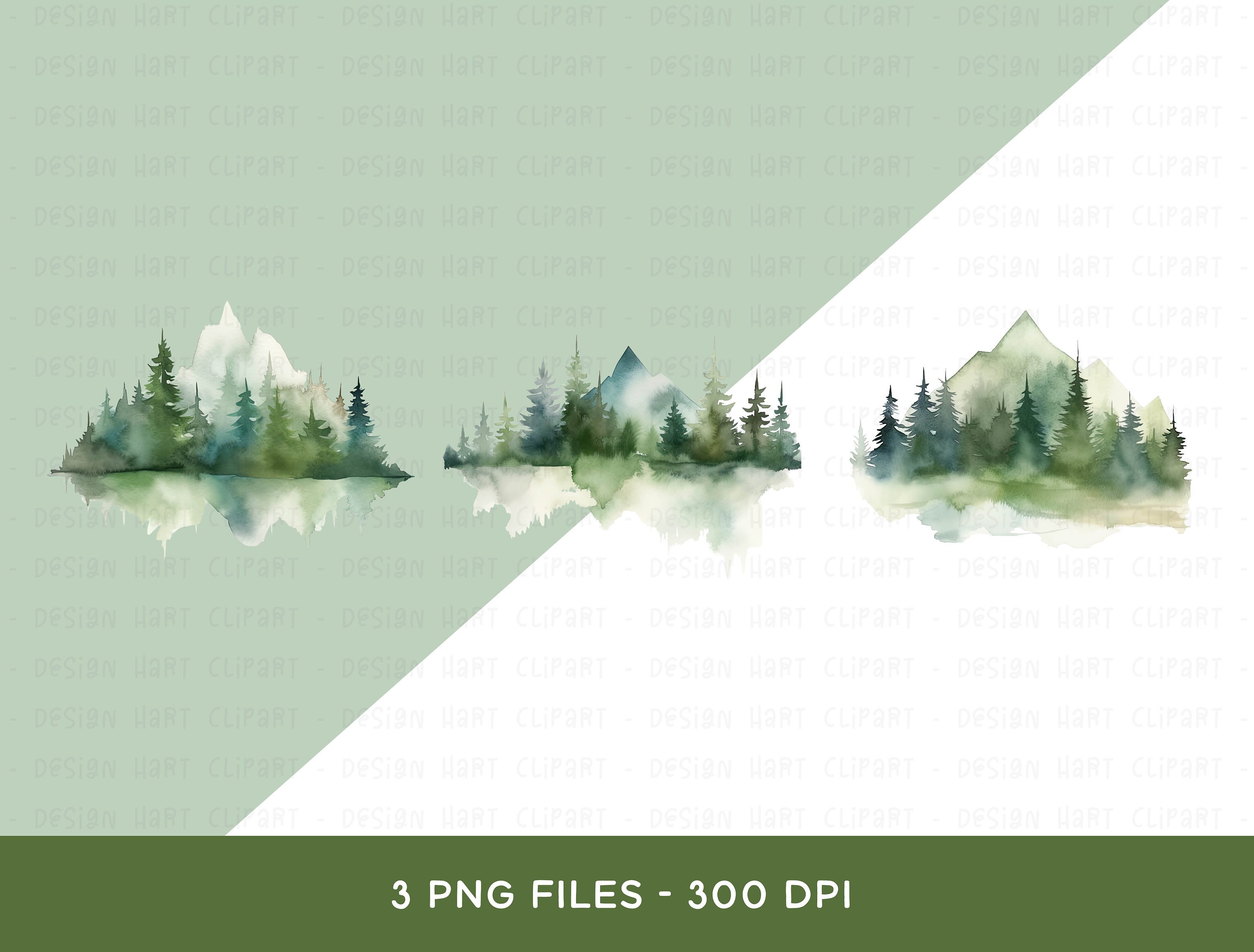 Mountain Scene Clipart Bundle, Watercolor Pine Trees Winter Christmas ...