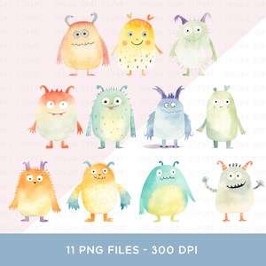 Monster Clipart Bundle - Watercolor Cute Smiling Happy Monsters ...