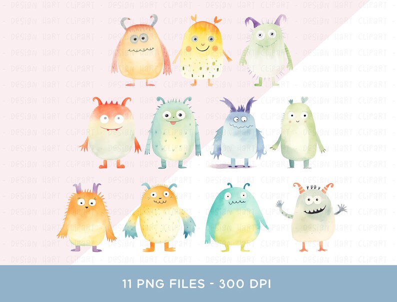 Monster Clipart Bundle - Watercolor Cute Smiling Happy Monsters ...