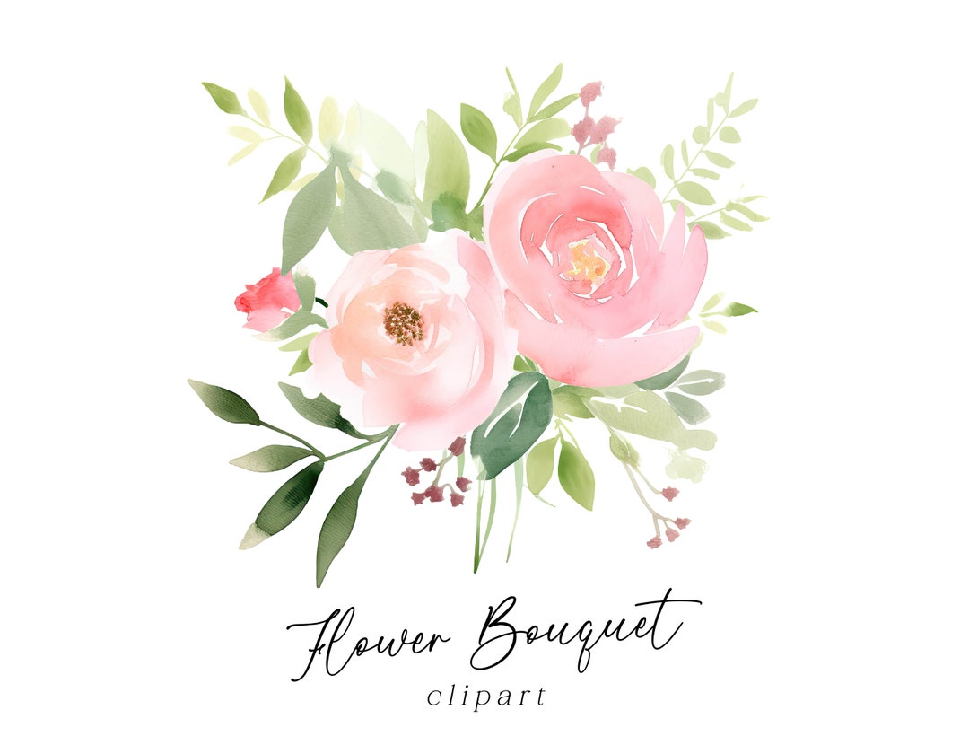 Floral Bouquet Clipart - Soft Pink & Green Watercolor Spring Blooms ...