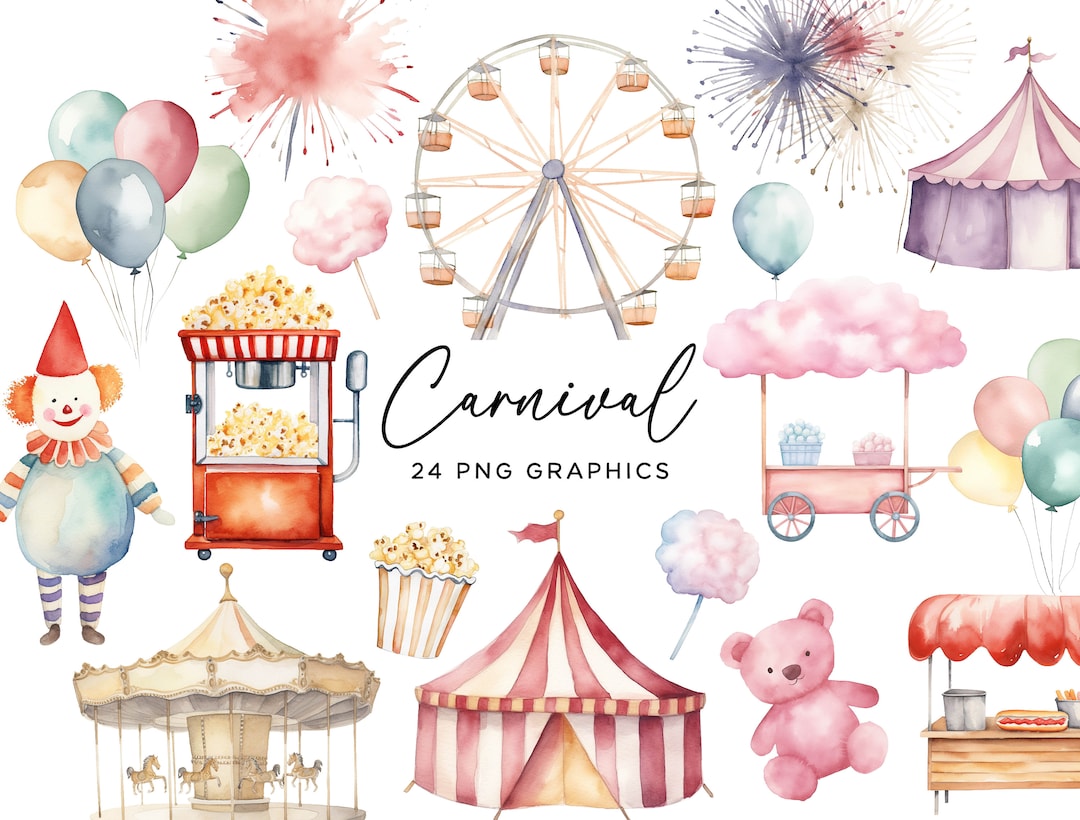 Carnival Clipart Bundle, Watercolor Circus Fair Rides Clown Fireworks ...