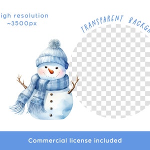 Snowman Clipart Bundle, Watercolor Blue Scarf Winter Holiday Christmas ...