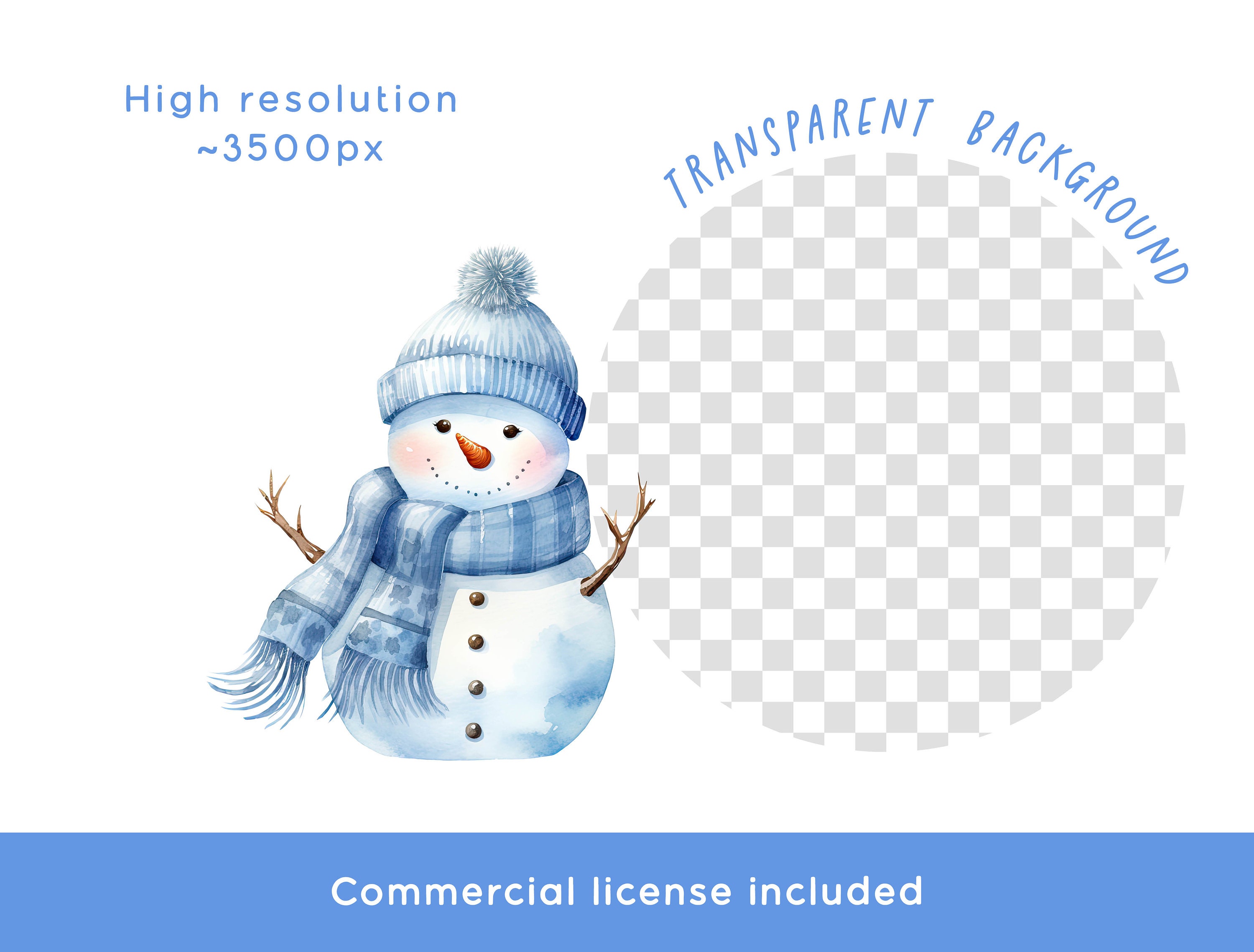 Snowman Clipart Bundle, Watercolor Blue Scarf Winter Holiday Christmas ...