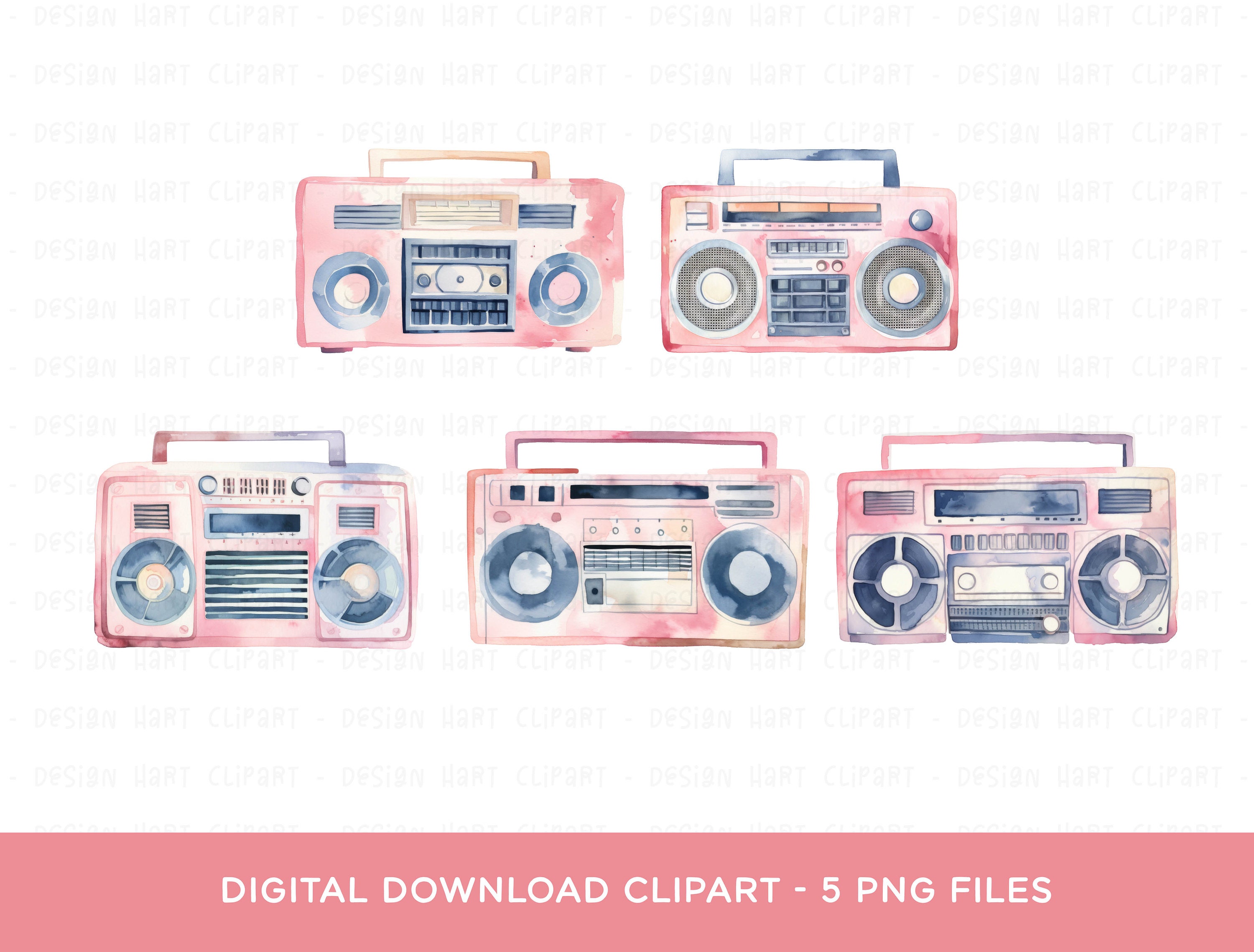 Boombox Clipart Bundle Retro 80s 90s Watercolor Vintage Radio Music ...