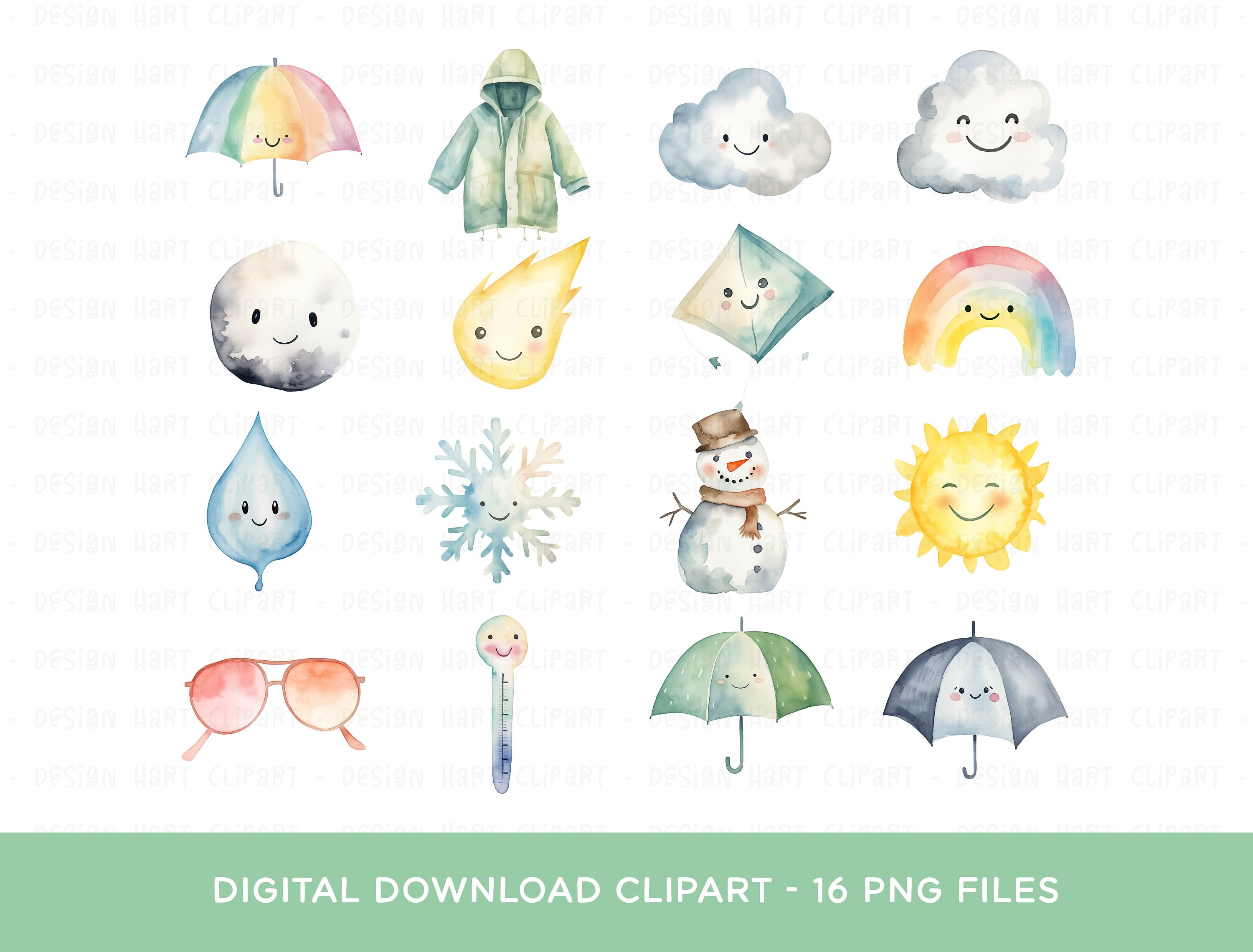 Weather Clipart Bundle, Watercolor Sun Cloud Rainbow Umbrella Moon Rain ...