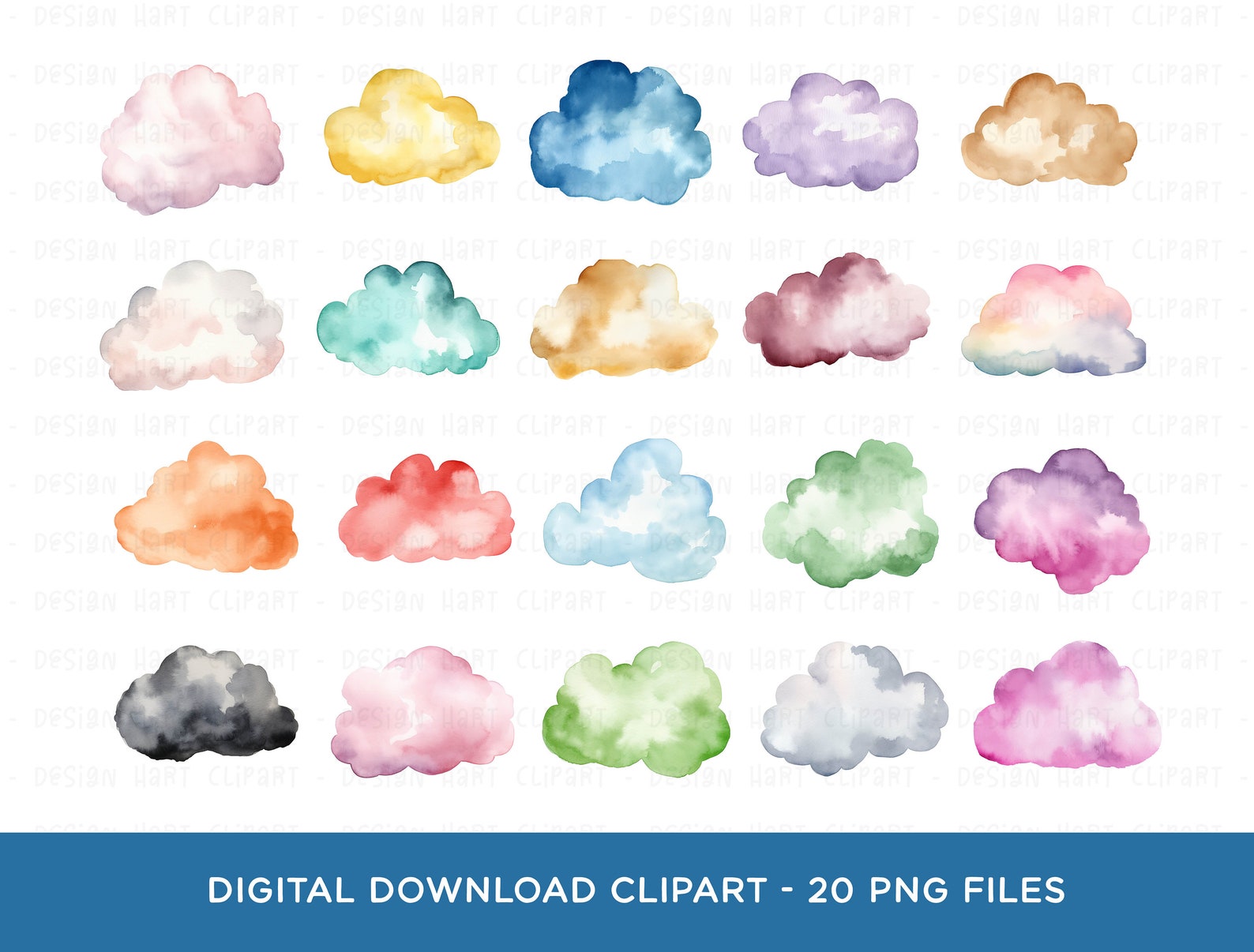 Clouds Clipart Bundle, Watercolor Pastel Rainbow Cloud Icons, Hand ...