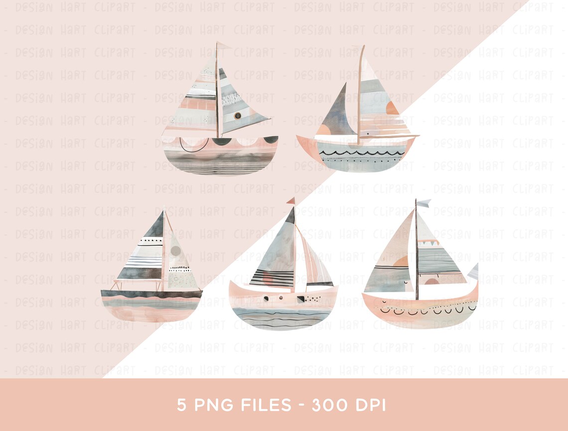 Sailboat Clipart Bundle Set, Watercolor Pastel Boho Kids Sailing Boats ...