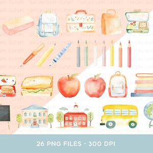 School Clipart Bundle, Watercolor Pencil Bus Books Globe Graphics ...
