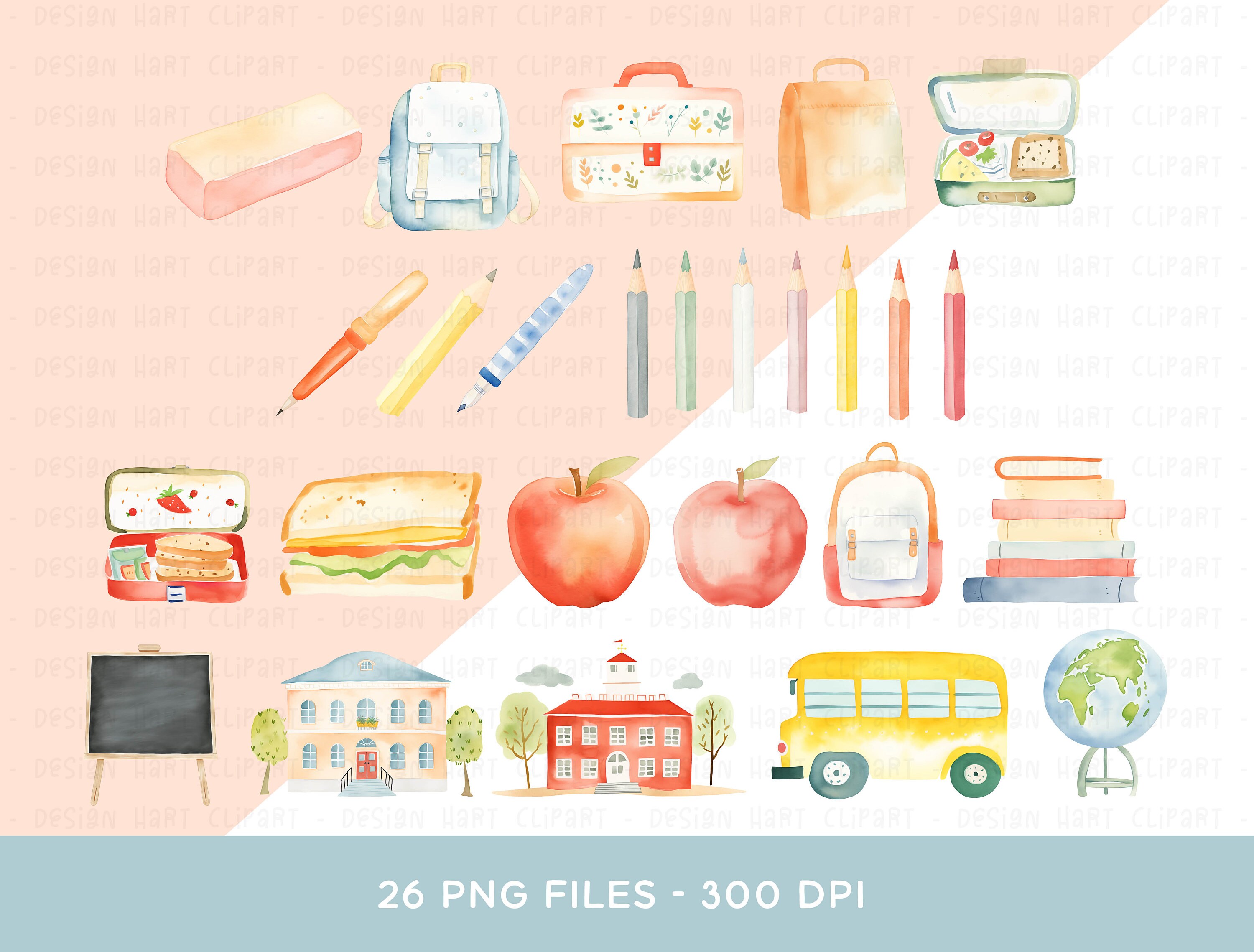 School Clipart Bundle, Watercolor Pencil Bus Books Globe Graphics ...