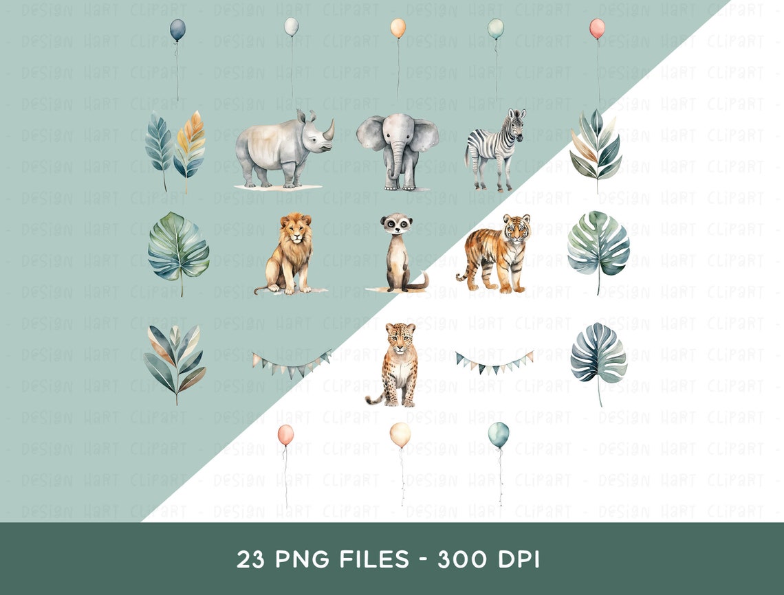 Safari Party Clipart Bundle, Jungle Zoo Animals Leaves Balloons PNG ...