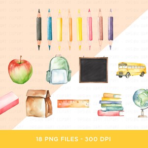School Clipart Bundle, Watercolor Pencil Bus Books Globe Graphics ...