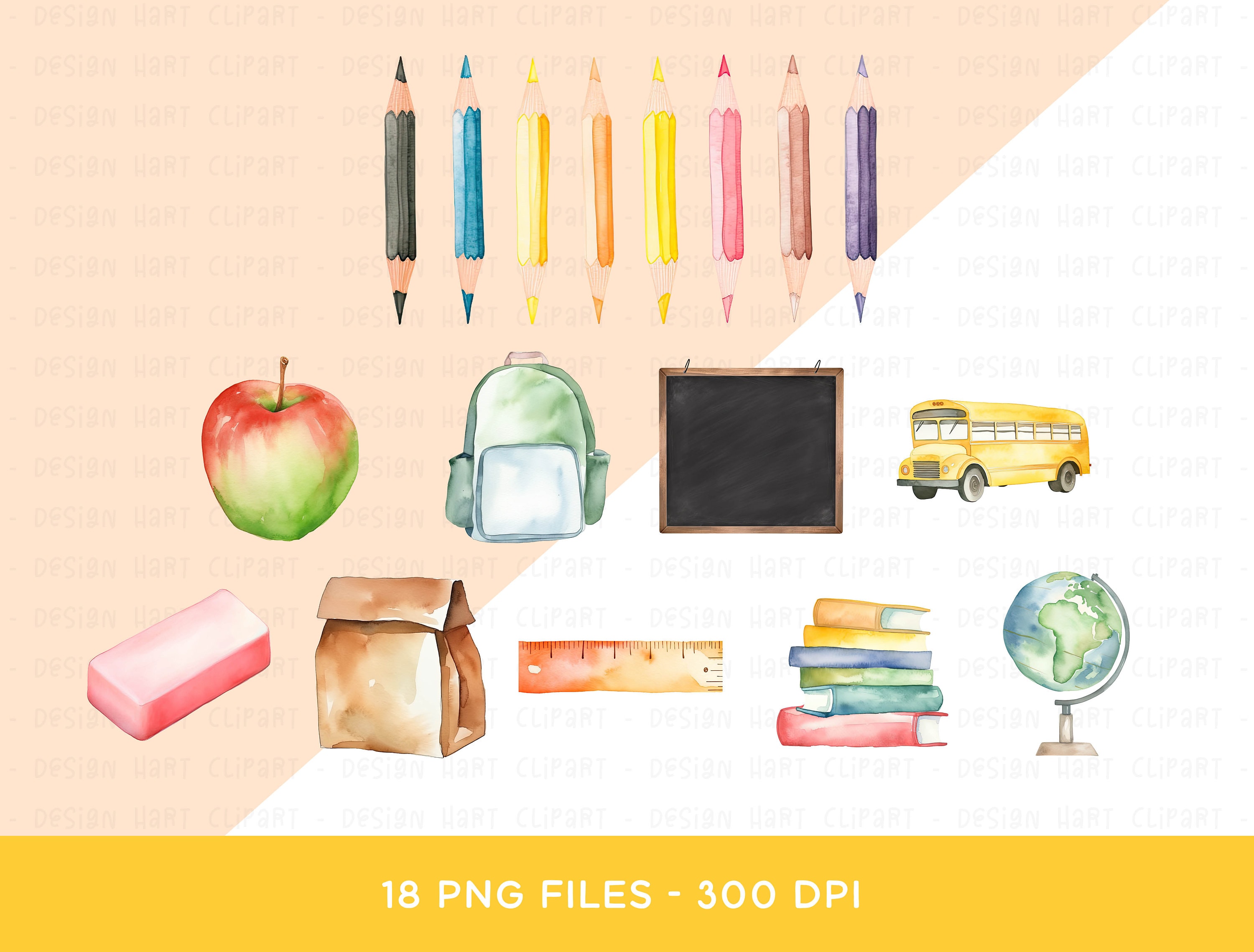 School Clipart Bundle, Watercolor Pencil Bus Books Globe Graphics ...