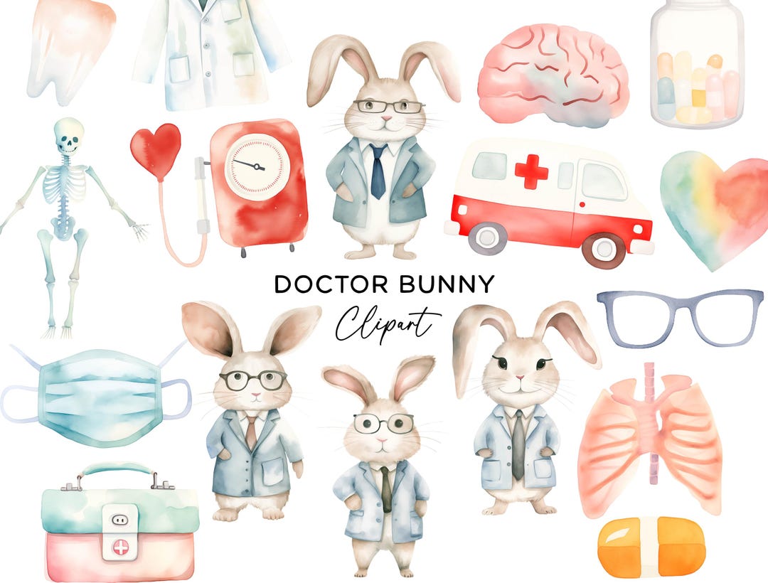 Doctor Bunny Clipart Bundle, PNG Graphic Digital Download Watercolor ...
