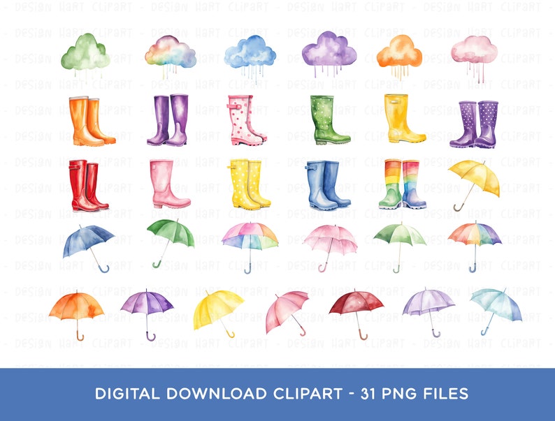 Umbrellas & Gumboots Clipart Bundle, Watercolor Wellies Brollies Rain ...