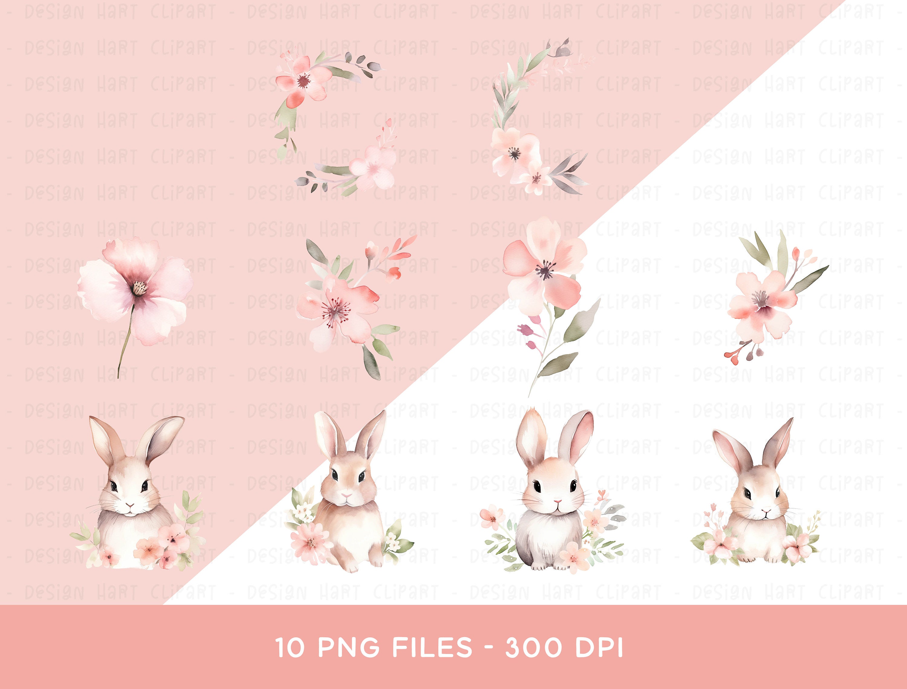 Floral Bunny Clipart Bundle, Watercolor Spring Rabbit Graphics Easter ...