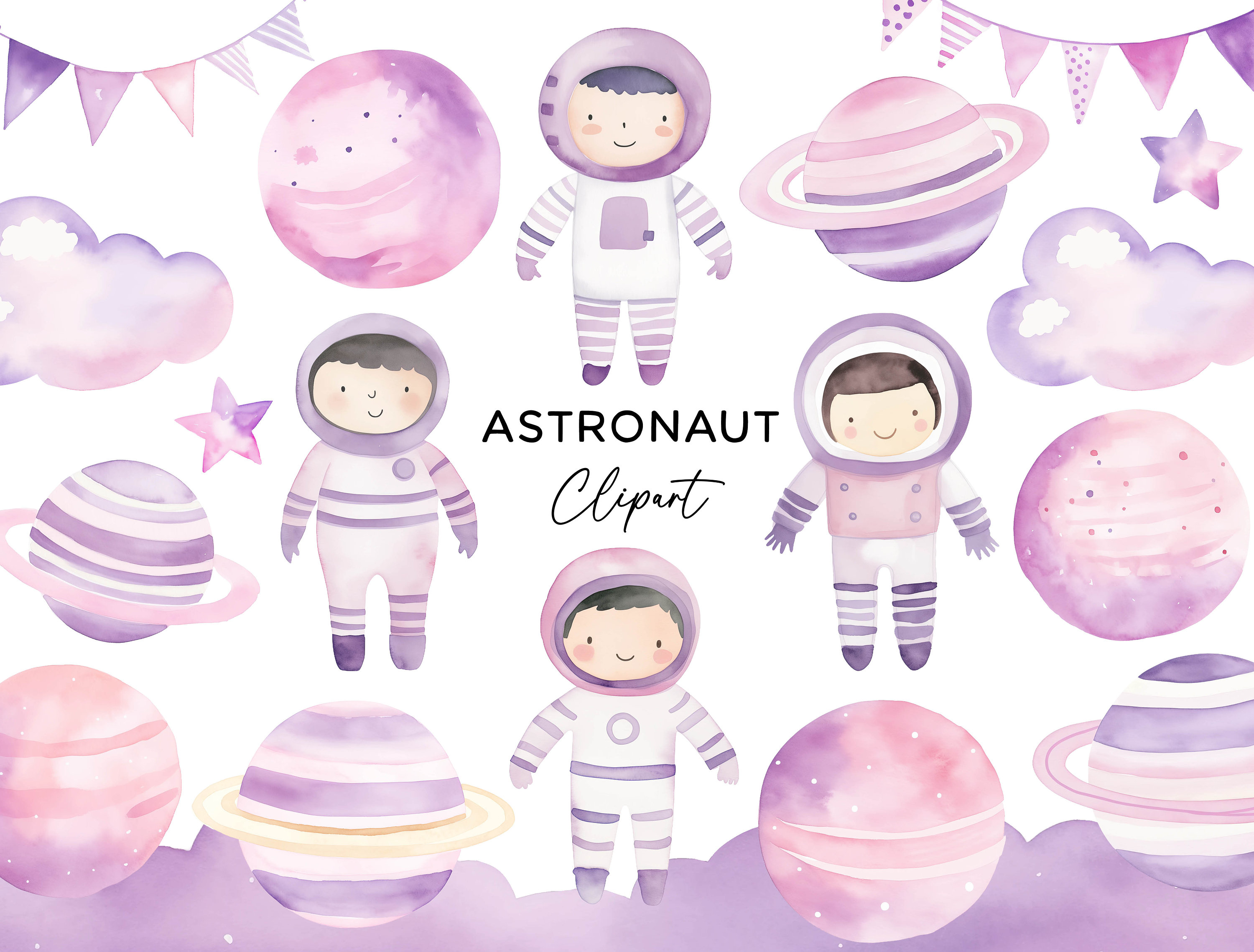Astronaut Clipart Bundle, Girls Space Galaxy Planets Purple Pink Kids ...