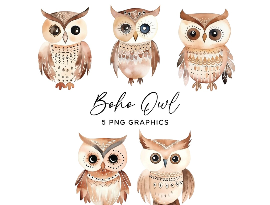 Owls Clipart Bundle Set, Watercolor Pastel Boho Owl PNG Graphics ...