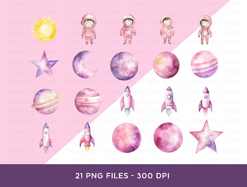 Astronaut Clipart Bundle, Watercolor Girl Pink Space Galaxy Rocket Ship ...