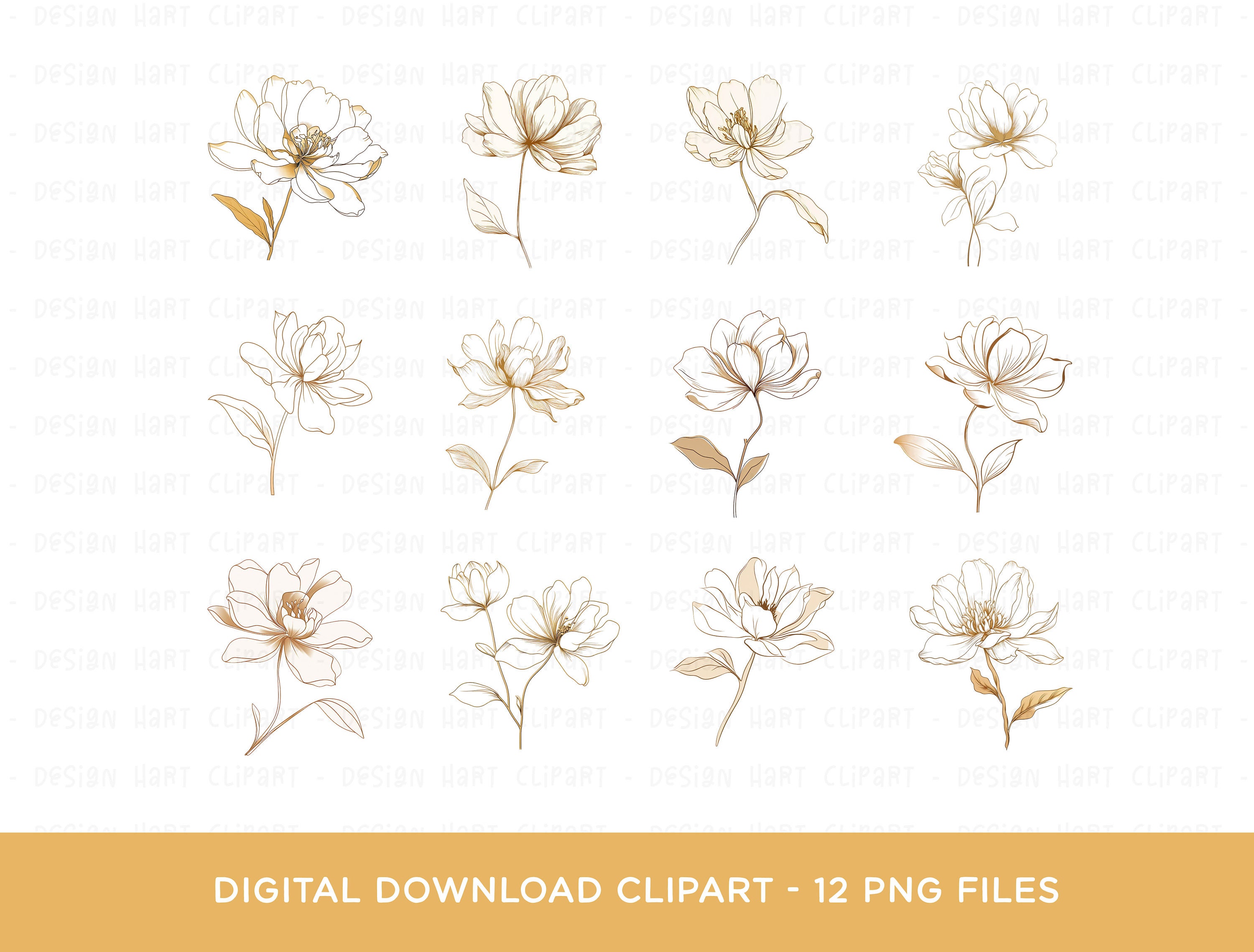 Line Art Flower Clipart Bundle Gold Minimalist Floral Watercolor PNG ...