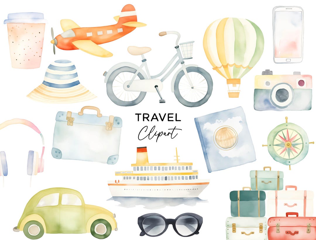 Travel Clipart Bundle, PNG Download Watercolor Holiday Vacation ...