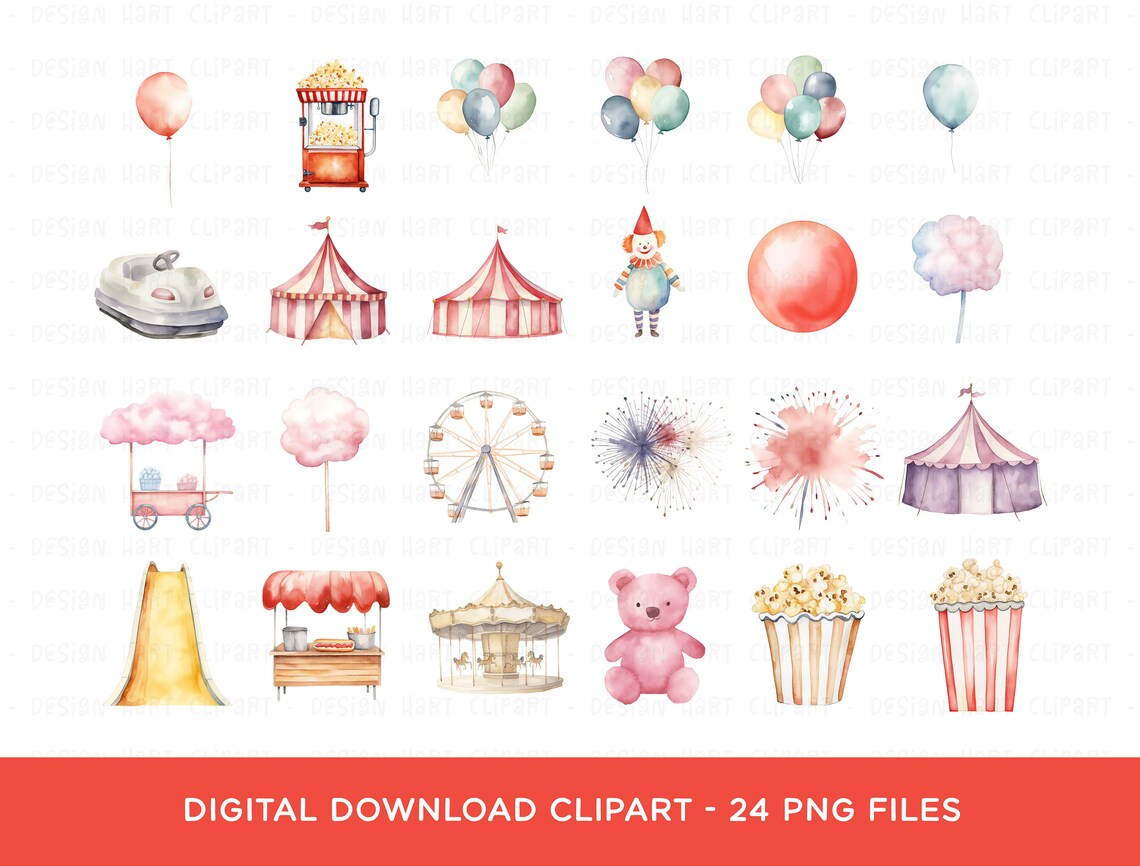 Carnival Clipart Bundle, Watercolor Circus Fair Rides Clown Fireworks ...