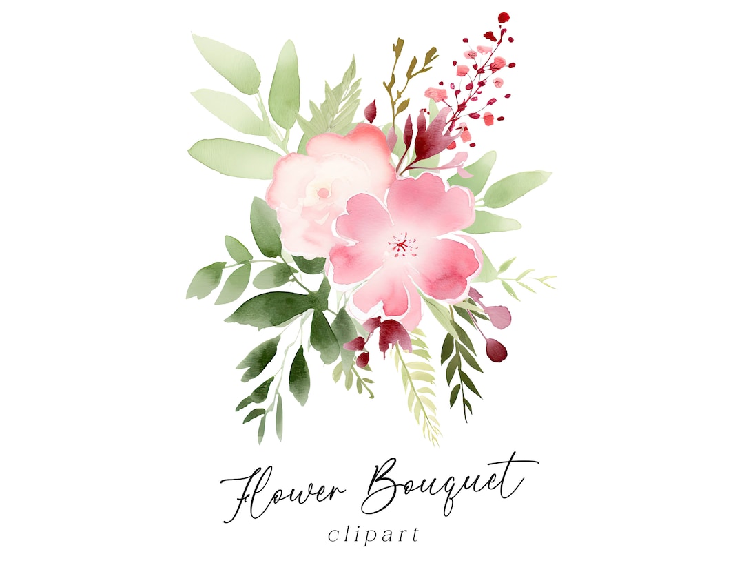 Floral Bouquet Clipart - Pastel Pink & Red Watercolor Botanical Blooms ...