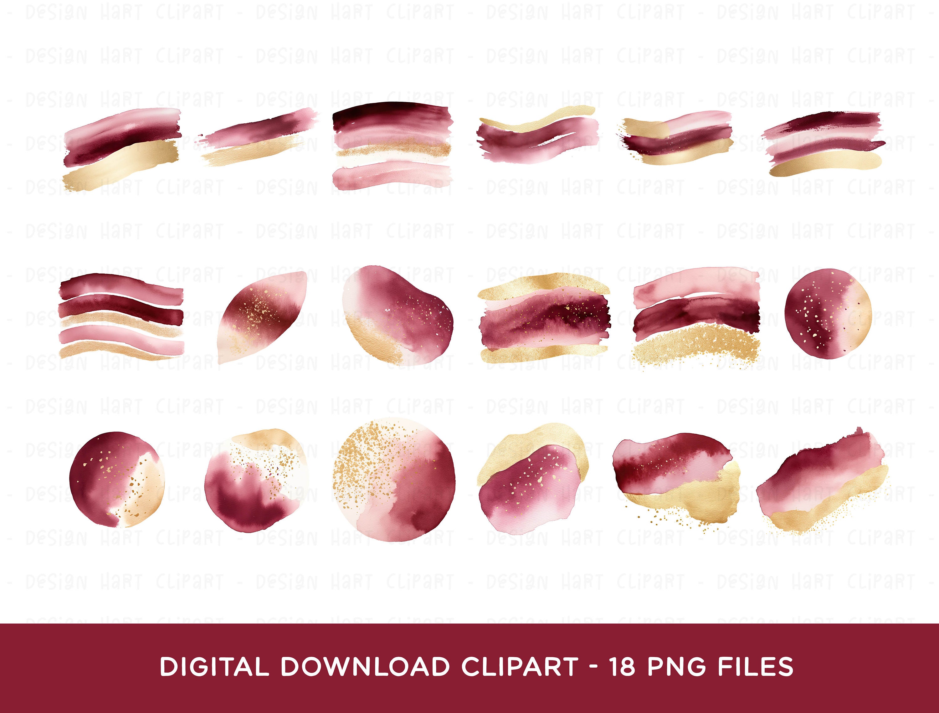 Brush Stroke Clipart Bundle Watercolor Burgundy Pink Gold Maroon Smudge ...