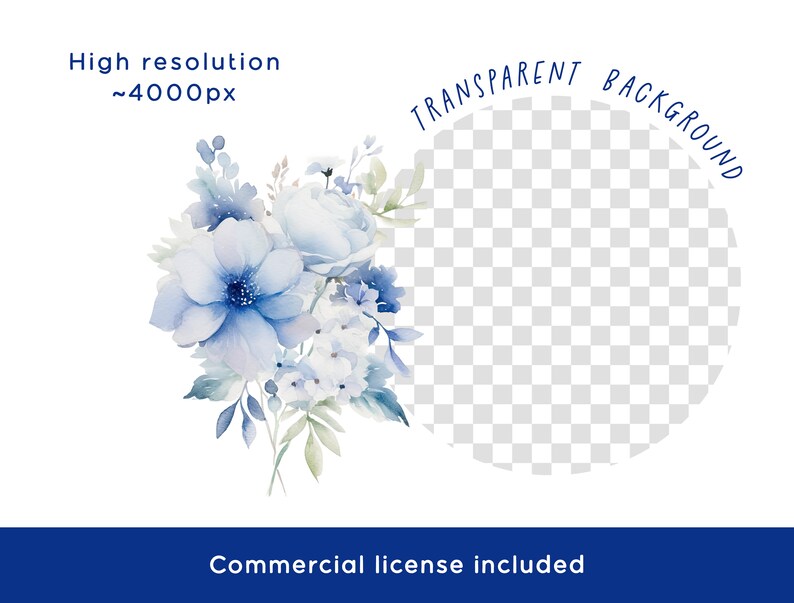 Flower Bouquet Clipart Watercolor Winter Blue & White Floral Bunch PNG ...