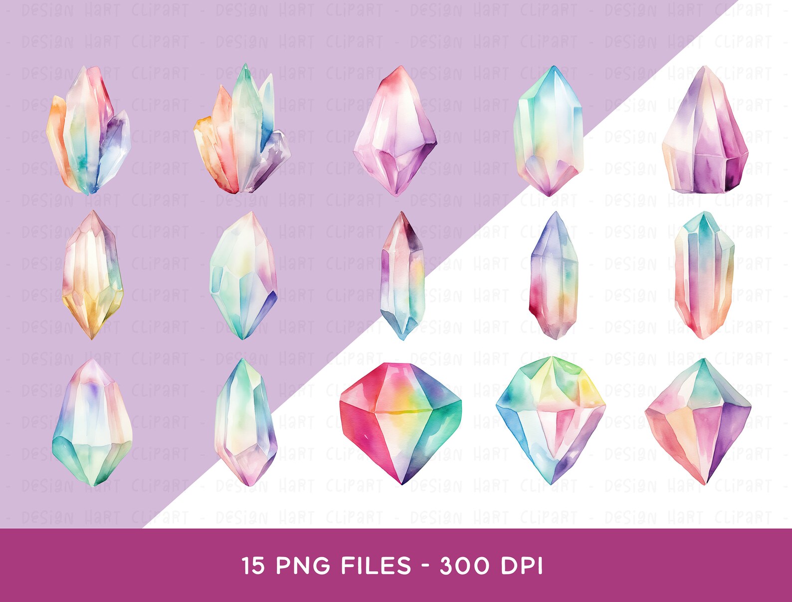 Crystal Clipart Bundle, Watercolor Rainbow Gem Jewel Diamond PNG ...